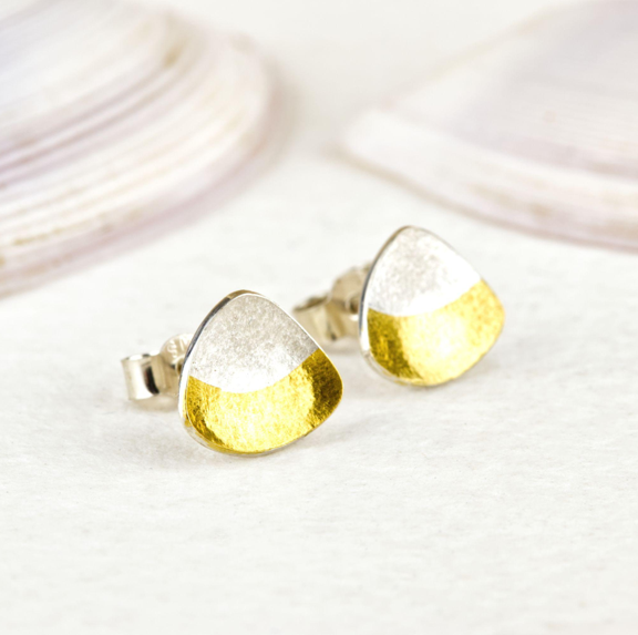 Sandra Elizabeth 'Clam Stud Earrings' silver with gold bar, available to purchase at Iona House ...