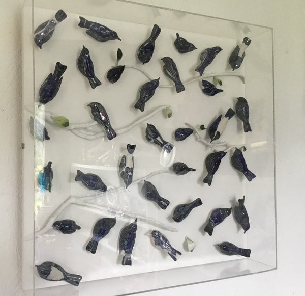 Simon Ward 'Wagtails Gathering' porcelain & lustre 40x40cm , available ...