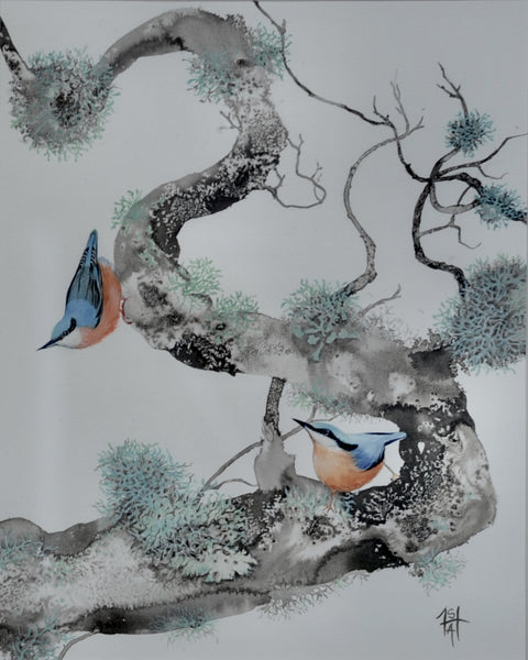 Sheila Anderson-Hardy 'Nuthatches and Lichens' sumi-e ink and ...